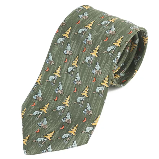 HERMÈS Silk Necktie Beaver motif in Green Silk