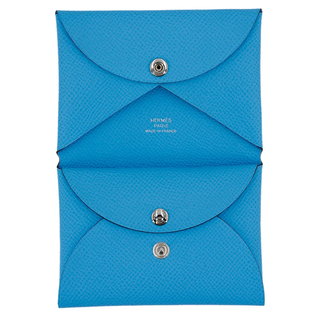 HERMÈS Calvi Duo card holder in Celeste Epsom leather with Palladium ...