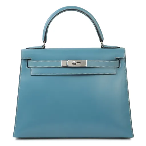 HERMÈS Kelly 28 handbag in Blue Jean Box calfskin with Palladium hardware