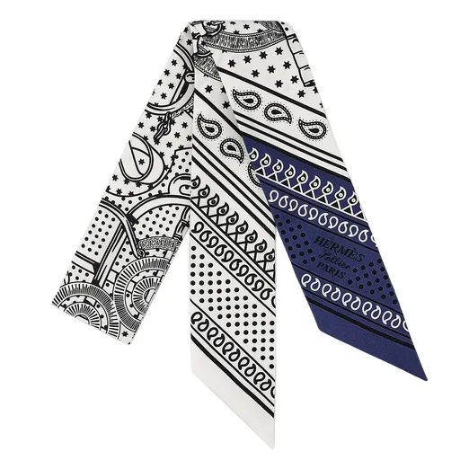 Brand New ( Rank N ) HERMÈS Twilly Eperon d'Or Bandana Blue White Silk