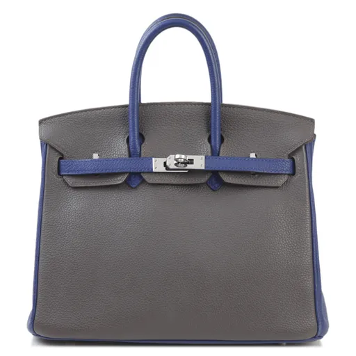 Fair ( Rank B ) HERMÈS Special Order Birkin 25 Etain (8F) Bleu Electrique (7T) Togo Palladium ...