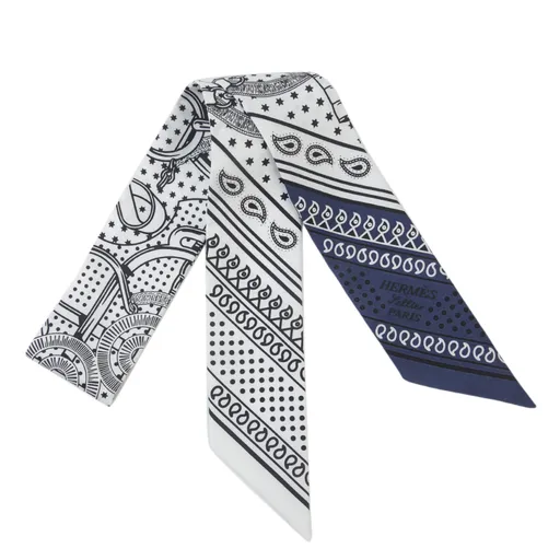 Brand New ( Rank N ) HERMÈS Twilly Eperon d'Or Bandana Blue White Silk